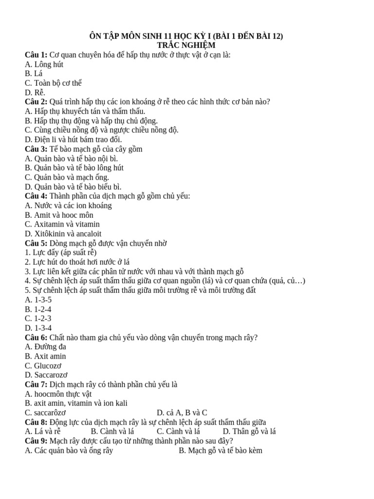 ÔN TẬP SINH 11 HKI - GỬI | PDF