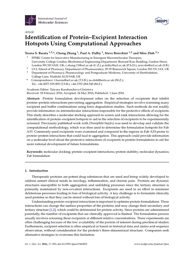 Identification of Ptn-Excipient Interaction Hotspots Using Computational Approaches | PDF