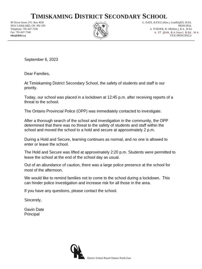 2023-09-06 Letter To Families TDSS Lockdown | PDF