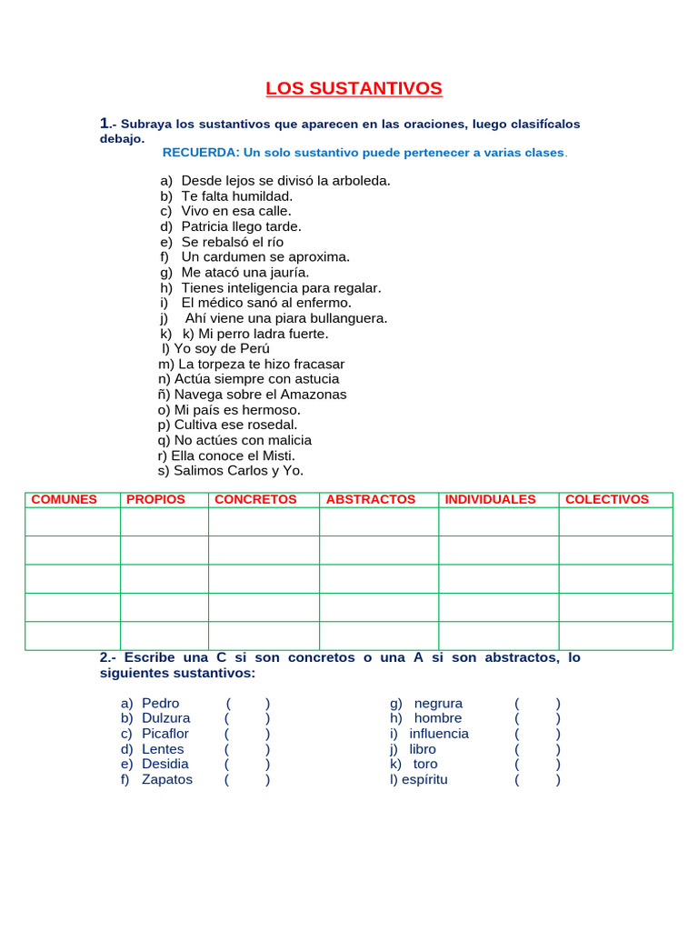Ejercicios de Clasificación de Sustantivos | PDF | Libros para adolescentes