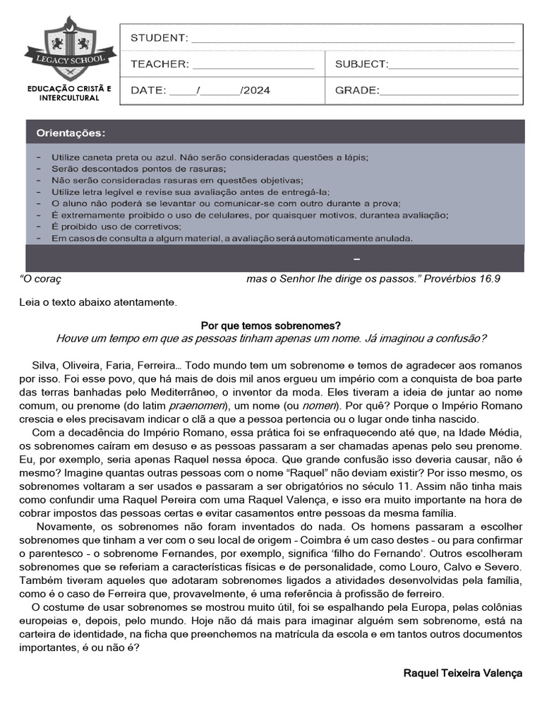 2 Chamada - Av1 2º Bim - LP 6ºano | PDF