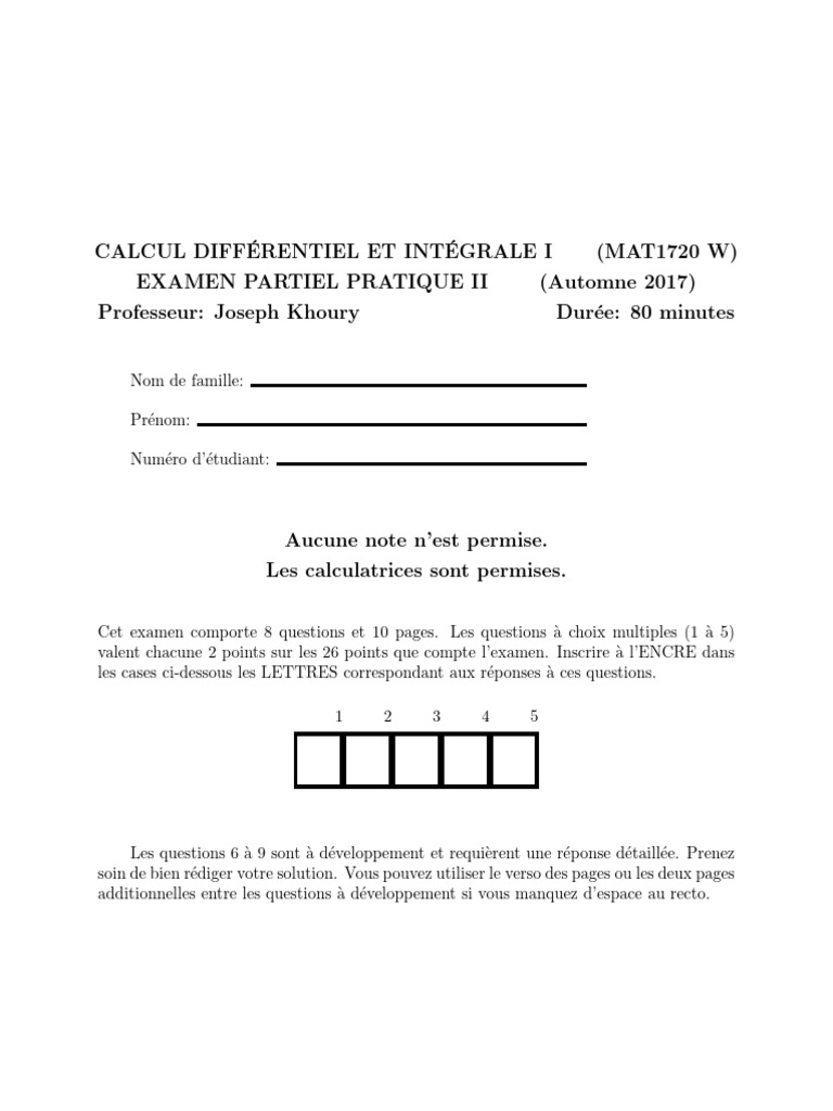 Calcul Diff Erentiel Et Int Egrale I (MAT1720 W) Examen Partiel Pratique Ii (Automne 2017 ...