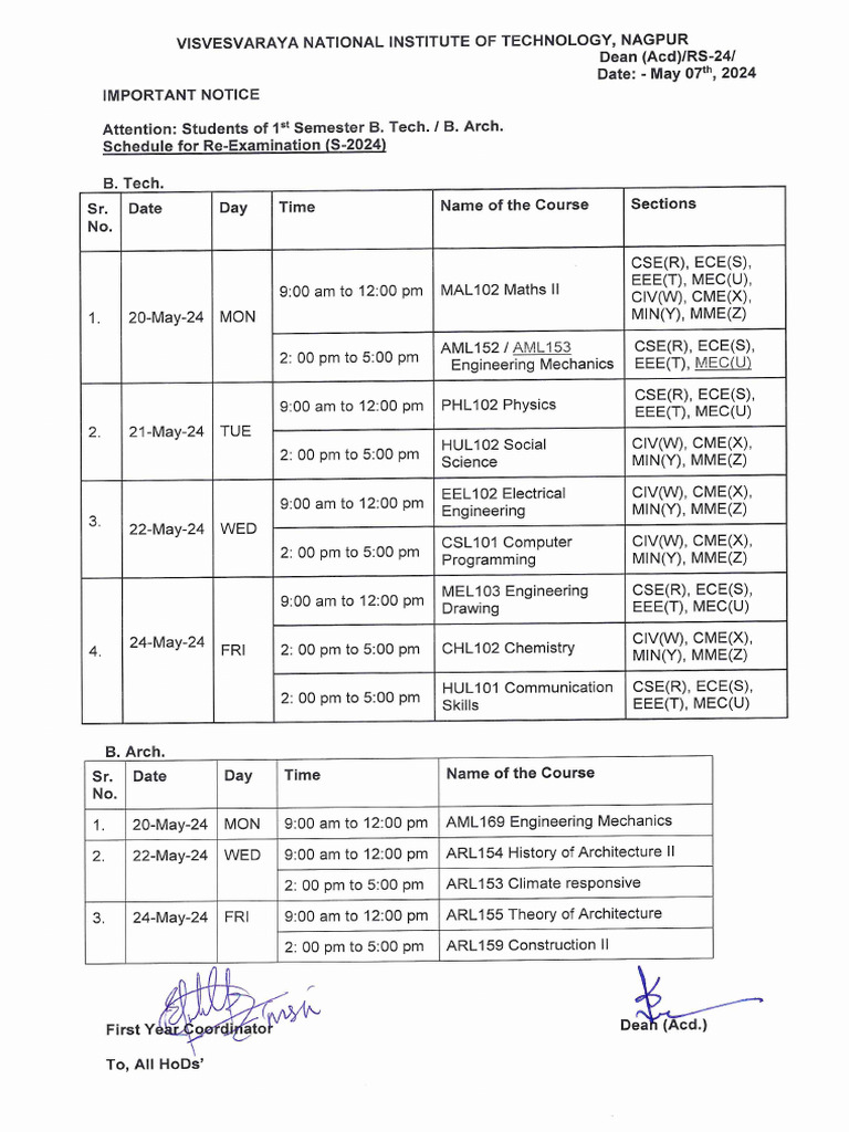 Schedule For Re-Examination S-2024 Students of 1st Sem B.Tech.-B.Arch ...