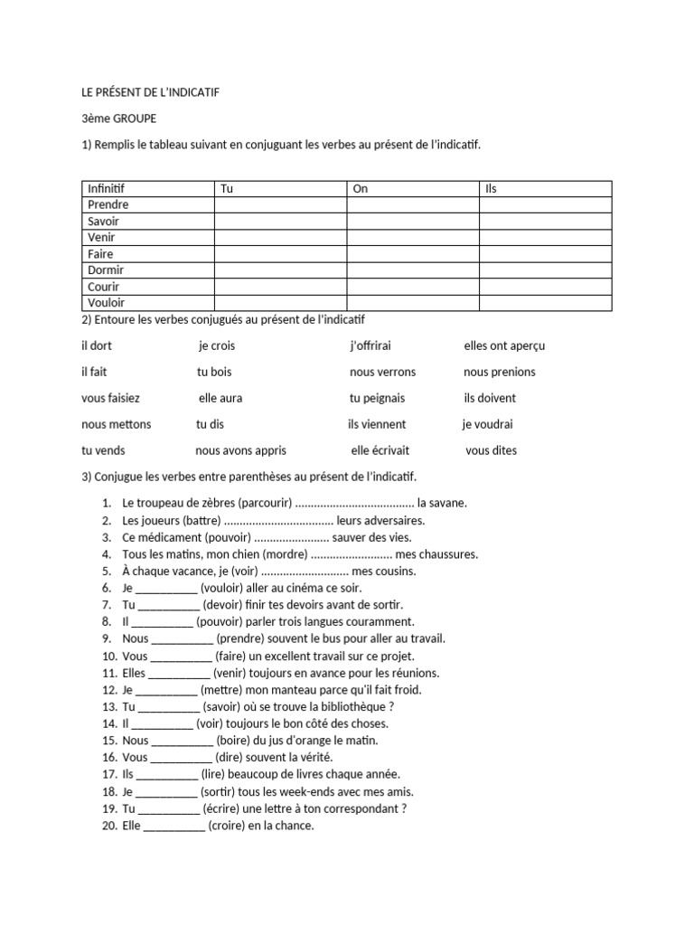 LE PRÉSENT DE L'INDICATIF | PDF