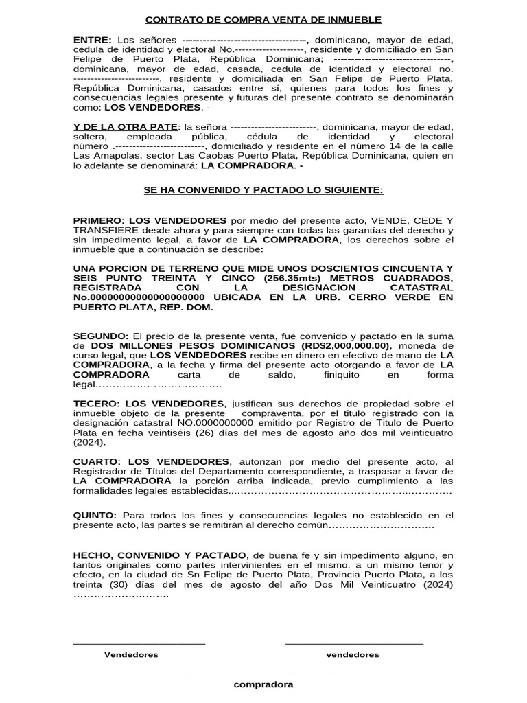 Modelo Contrato de Compra Venta de Inmueble | PDF