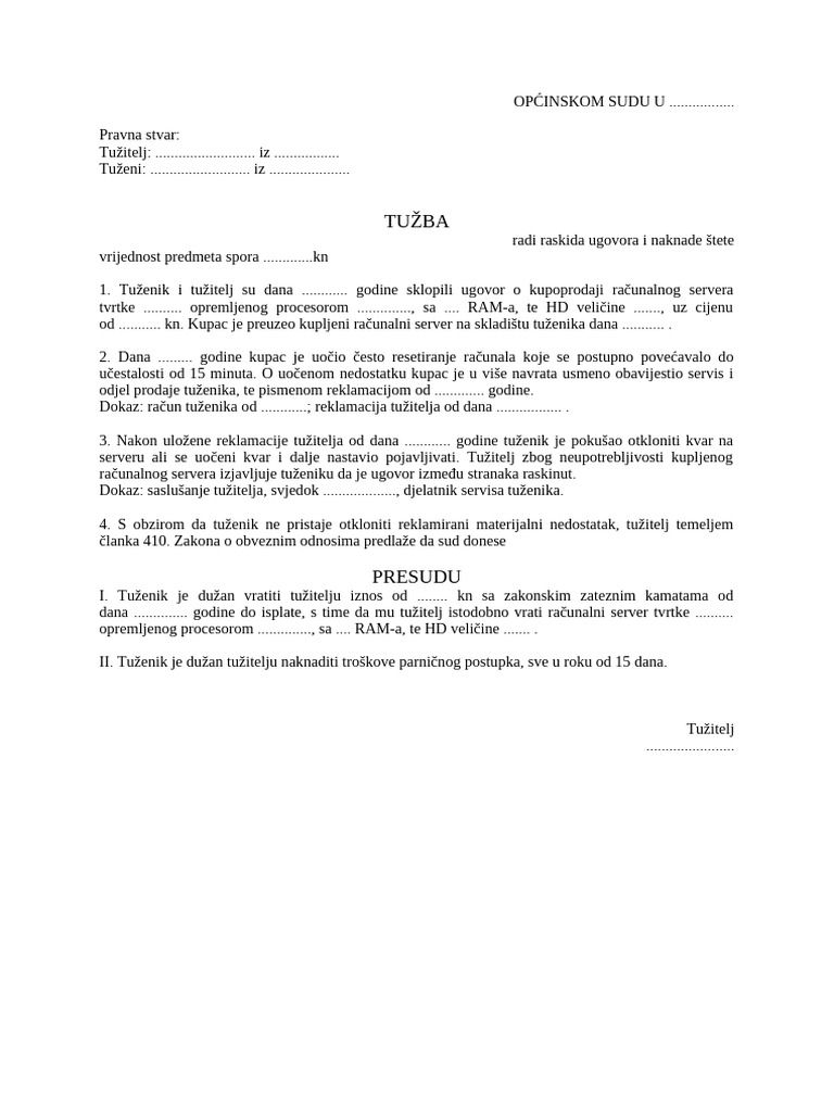 Tuzba Za Raskid Ugovora o Kupoprodaji I Naknade Stete | PDF