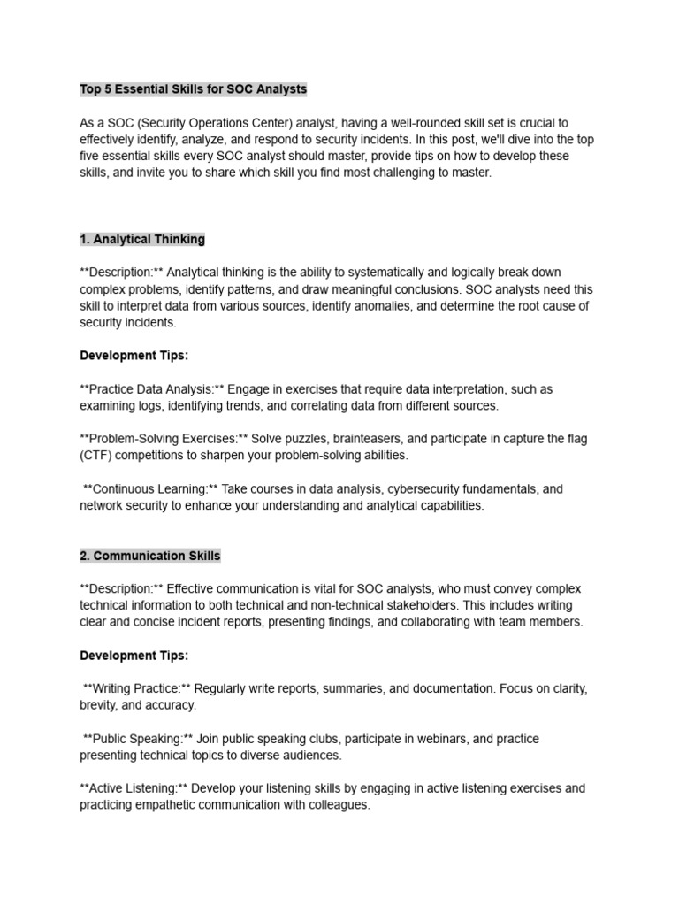 Top 5 Essential Skills for SOC Analysts | PDF