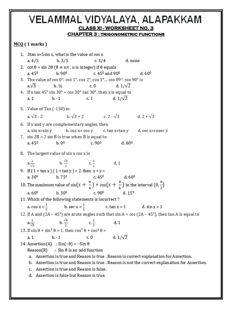 CLASS XI - Ch3 Worksheet No. 3 (2024-25) | PDF