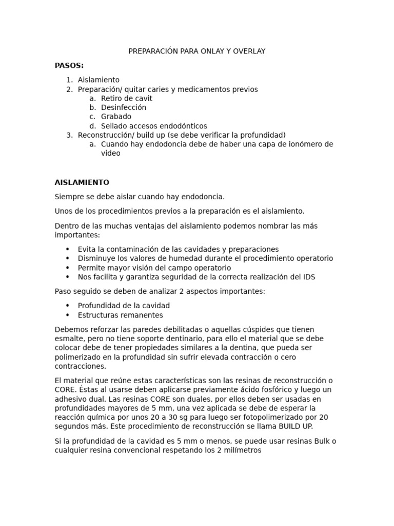 Preparación para Onlay y Overlay | PDF
