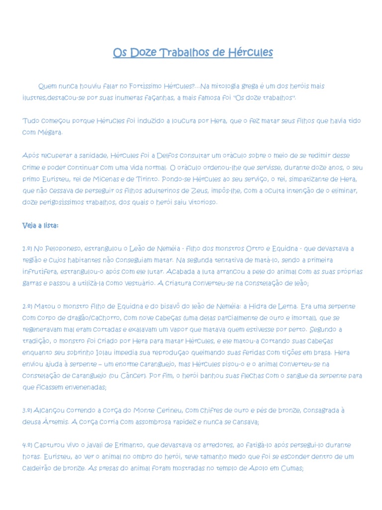 Os Doze Trabalhos de Hércules | PDF | Argonautas | Mitologia