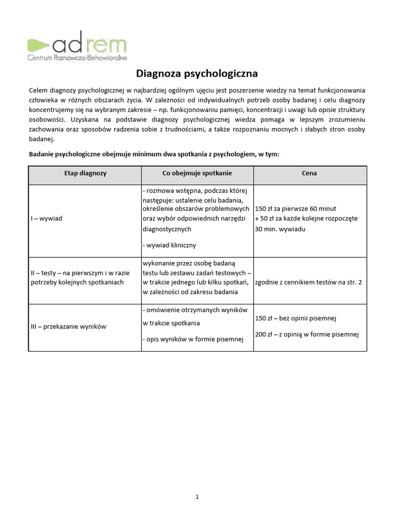 Diagnoza Cennik | PDF