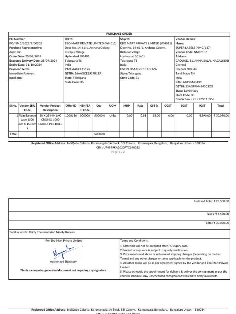 Purchase Order - PO - NMC - 2025 - 9 - 00202 | PDF
