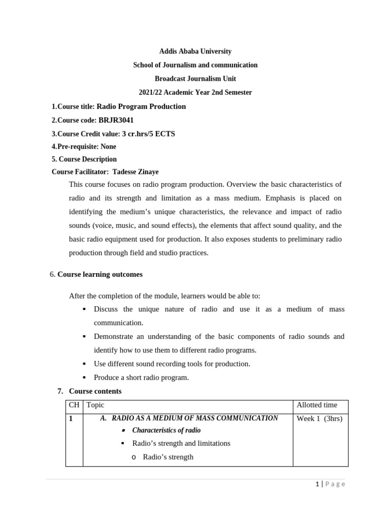 Radio Production Course Outline 2022 | PDF