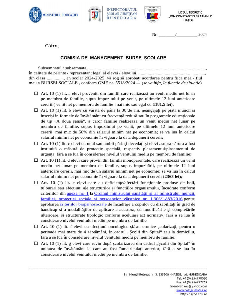 Cerere Bursa Sociala | PDF