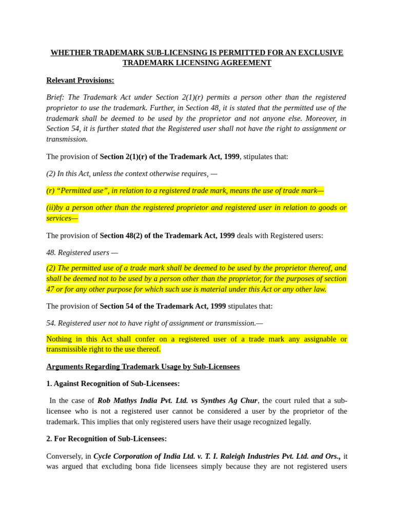 Whether Trademark Sub-Licensing Is Permitted For An Exclusive Trademark ...