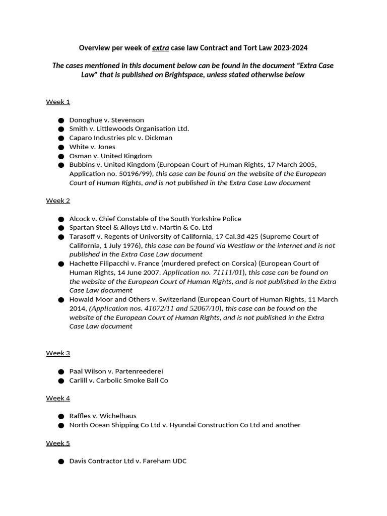 Overview Per Week of Extra Case Law Contract and Tort Law 2023-2024 | PDF