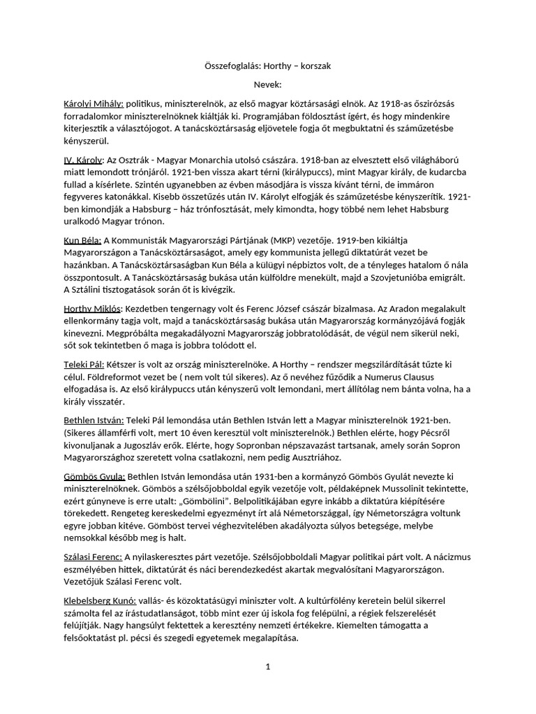 Töri 7 Összefoglaló Horthy Korszak | PDF