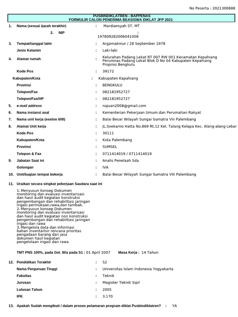 Pendaftaran JFP Bappenas | PDF