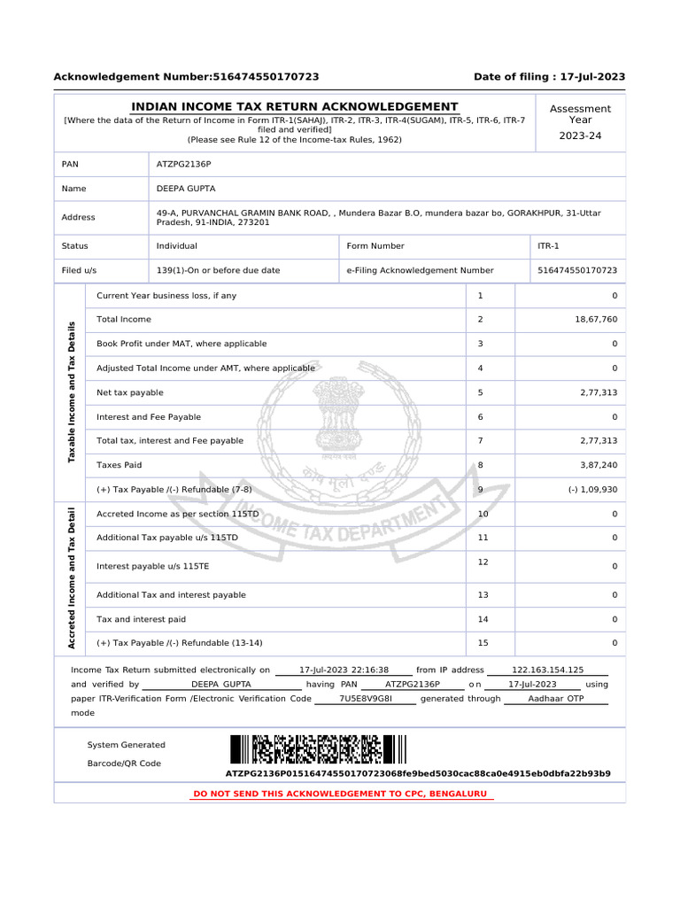 Indian Income Tax Return Acknowledgement: Acknowledgement Number ...