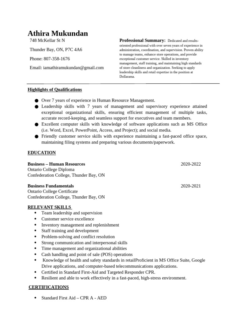 Athira Mukundan Dollarama Resume and Cover Letter | PDF | Point Of Sale ...