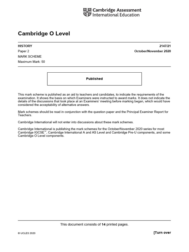 Cambridge O Level: History 2147/21 October/November 2020 | PDF