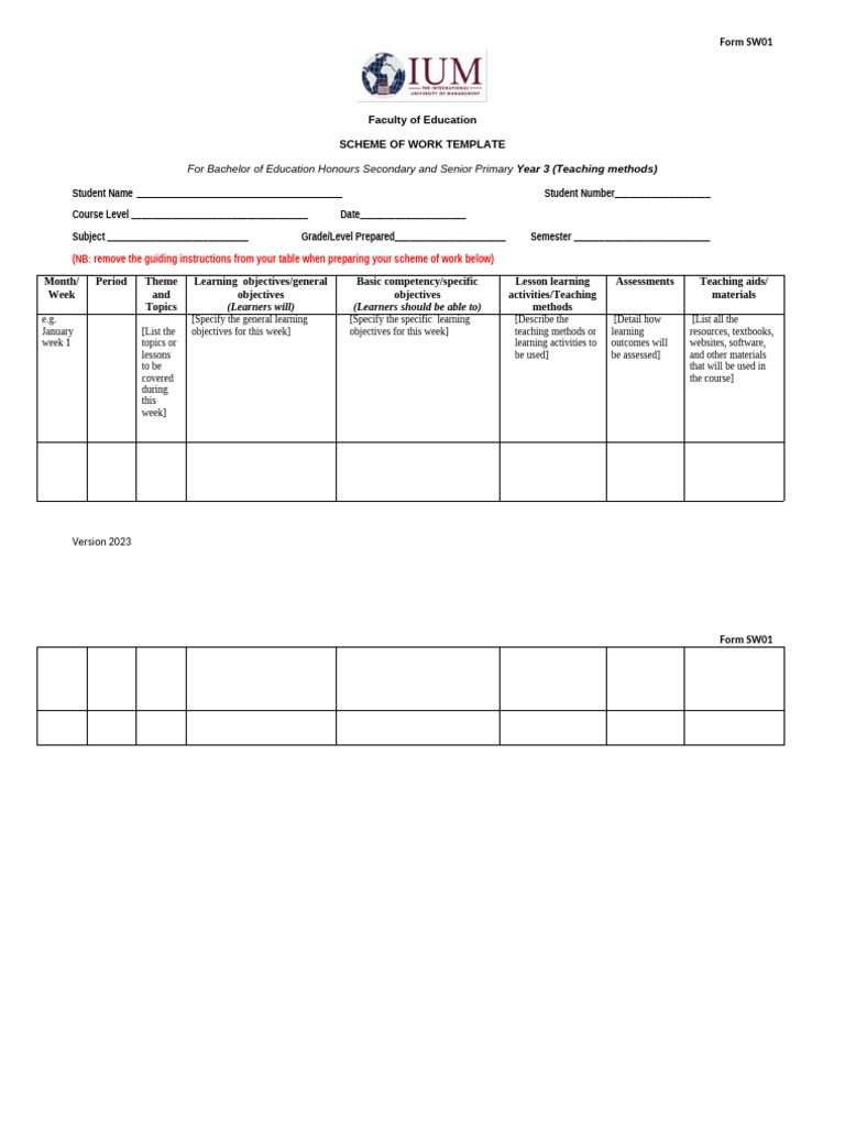 Form SW01 - IUM Template For Scheme of Work (Secondary and Senior ...