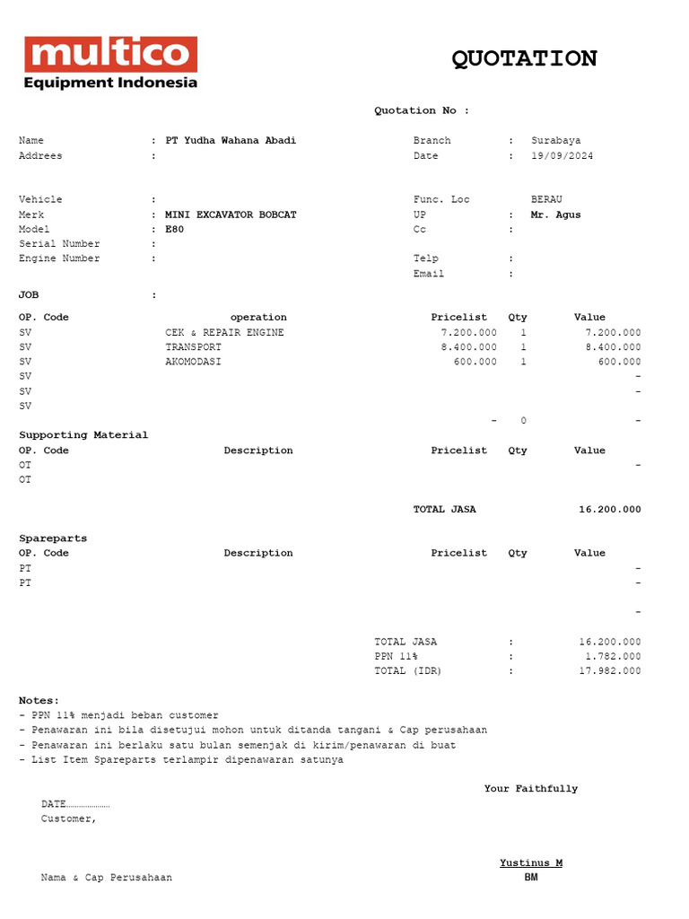 1909 Quotation Jasa PT YWA | PDF