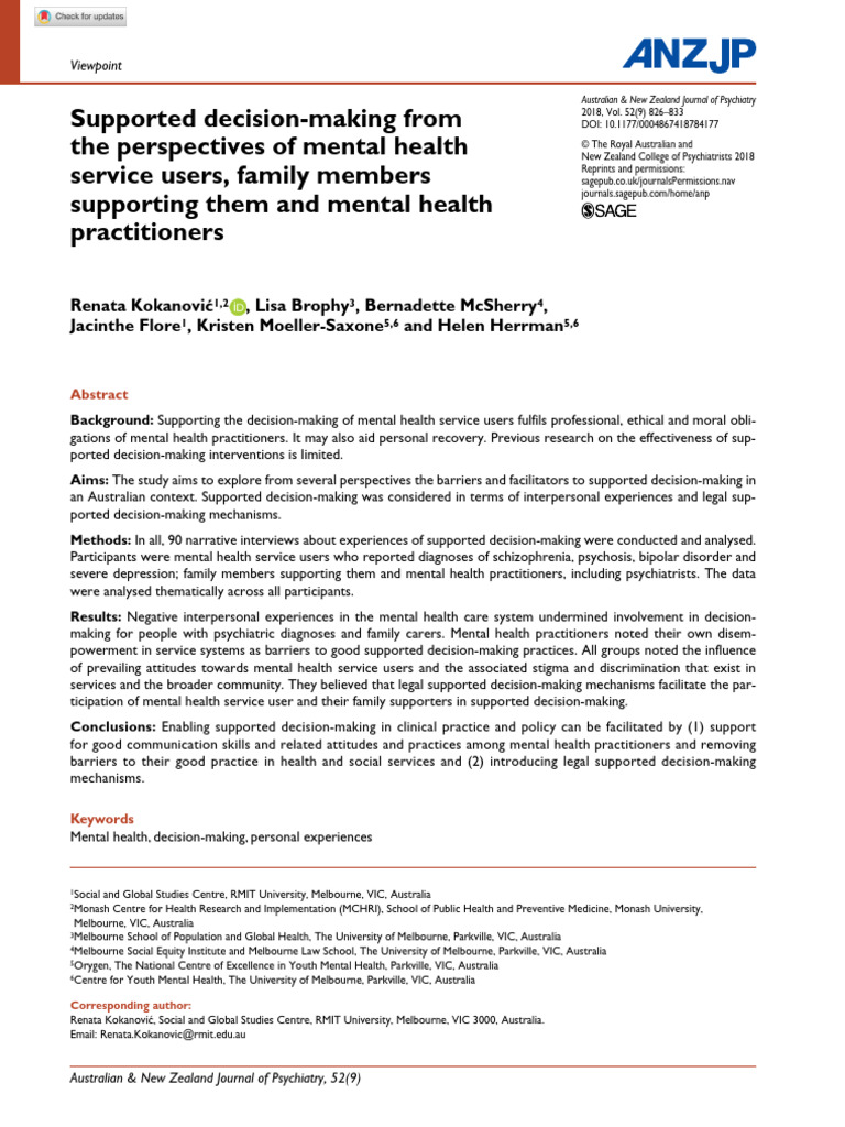 Kokanovic Et Al 2018 Supported Decision Making From The Perspectives of ...