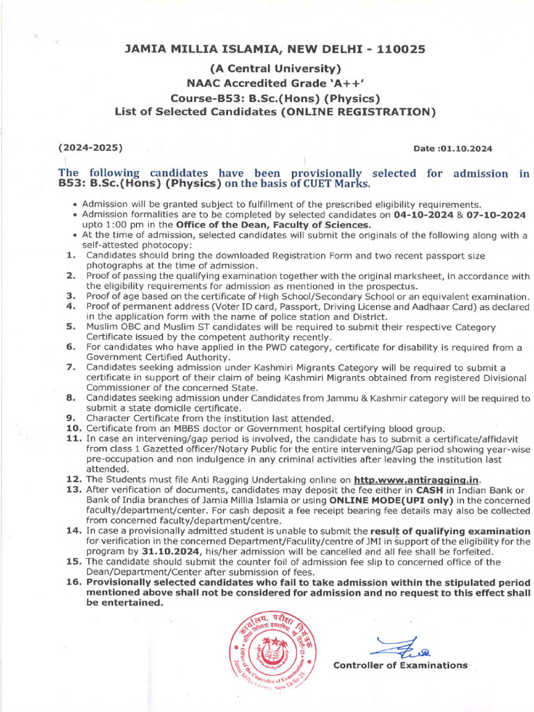 B53 List of Selected Candidates (Online Registration) | PDF