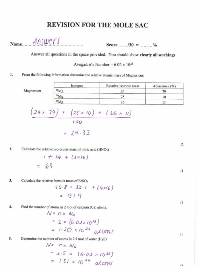 Mole Revision Answers | PDF