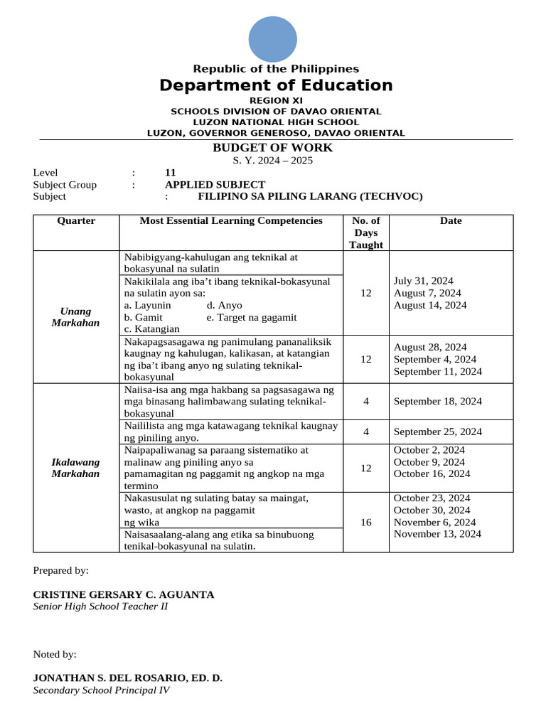 Budget of Work (Bow) Larang | PDF Budget of Work (Bow) Larang | PDF