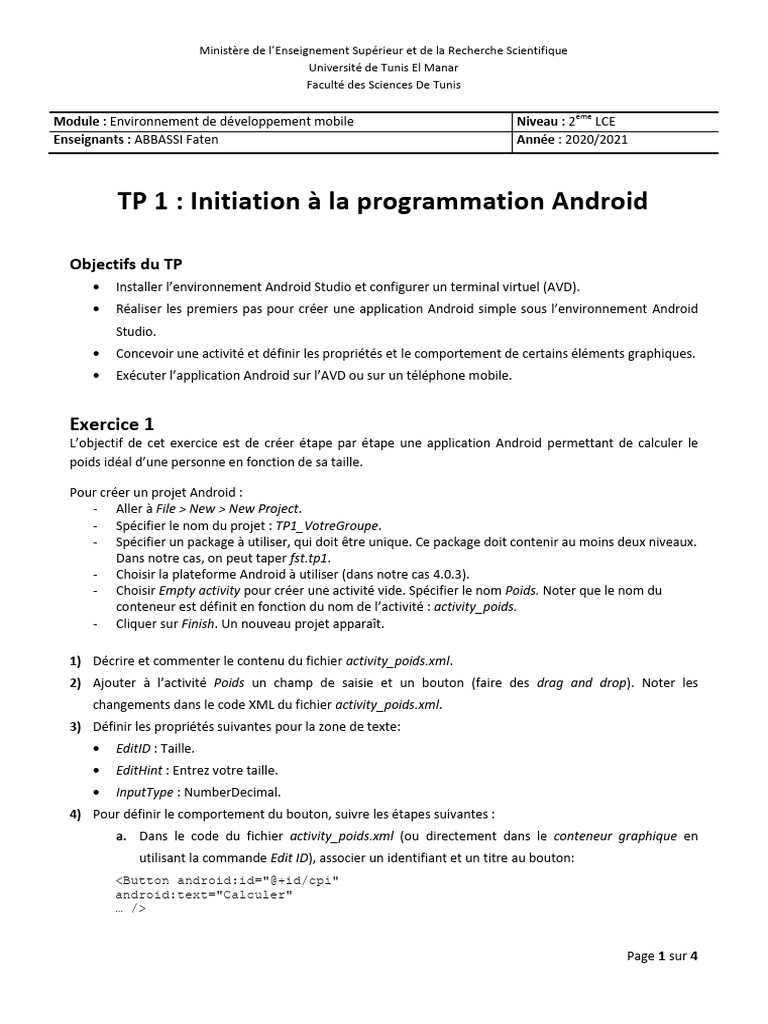 TP1 - Intiation À La Programmation Avec AndroidLCE | PDF