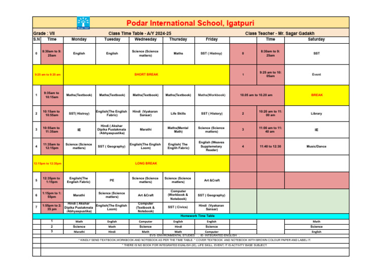 CLass Time Table 27 July 2024.Xlsx - Grade 7 New | PDF