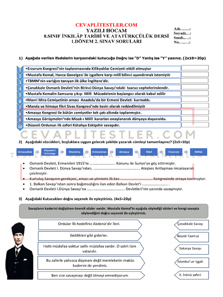8 Sinif Inkilap 1 Donem 2 Yazili Sorulari Ve Cevaplari | PDF