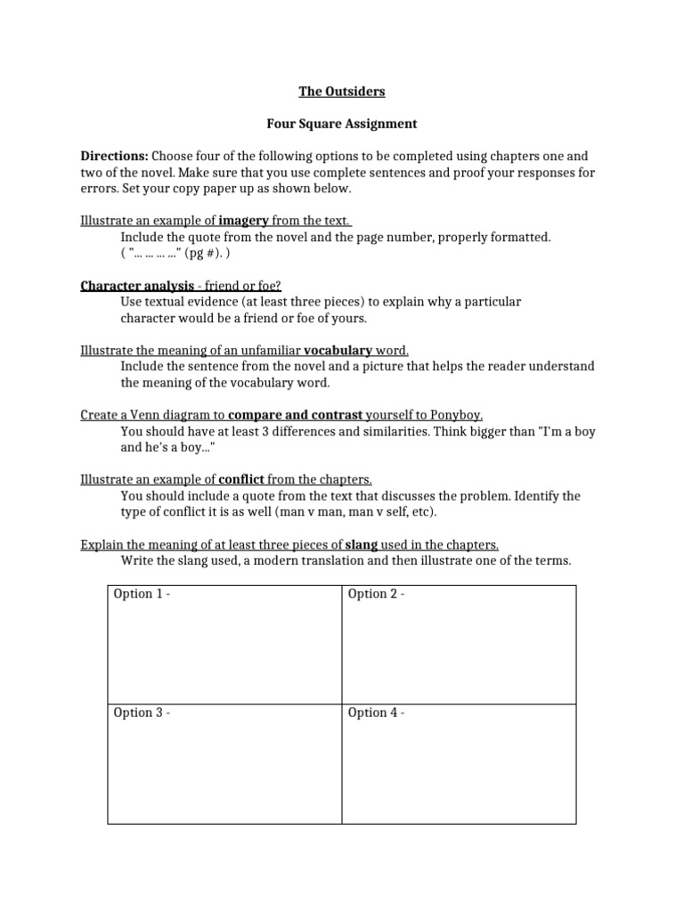 The Outsiders Four Square Assignment Directions | PDF