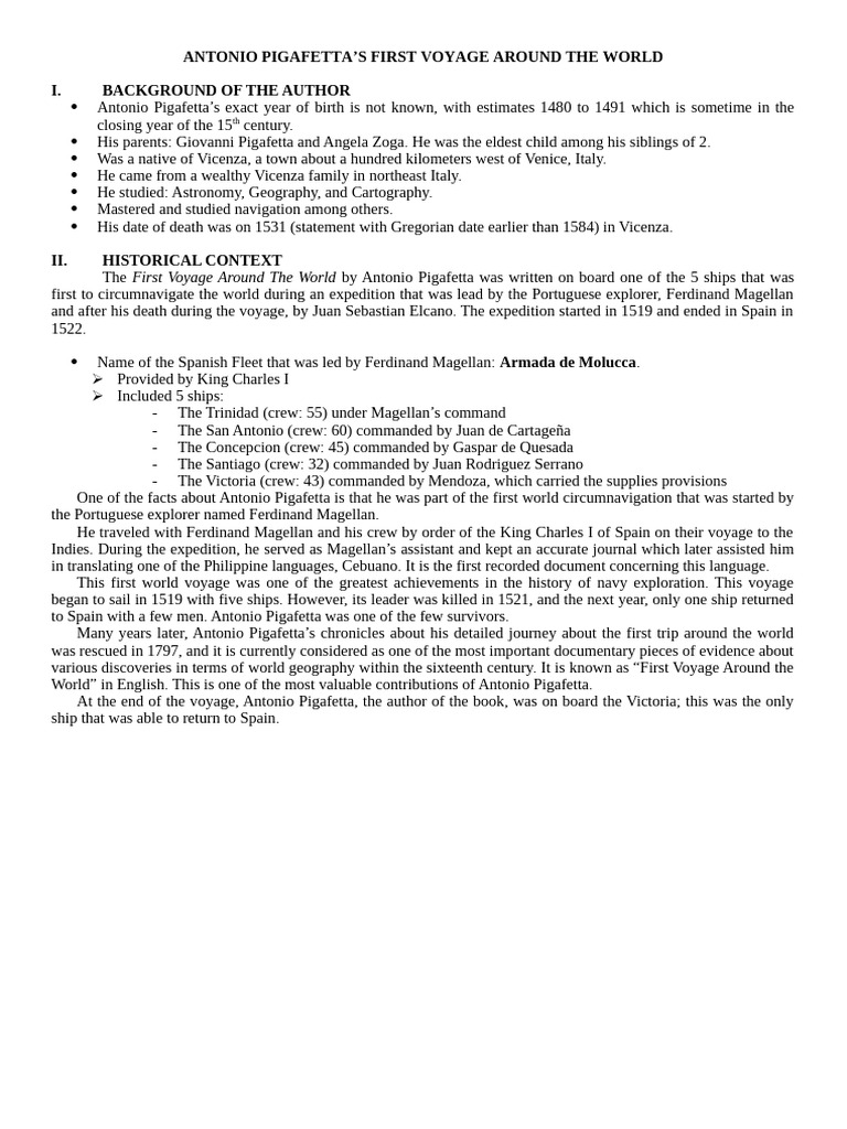 Antonio Pigafetta'S First Voyage Around The World I. Background of The ...