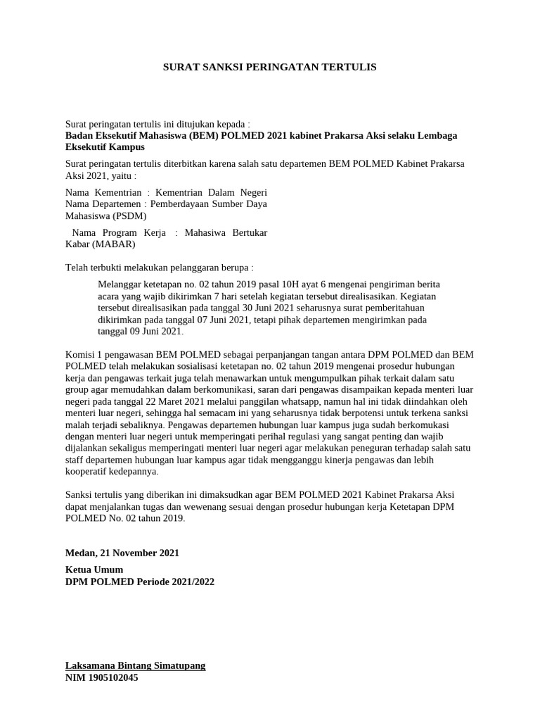 Surat Sanksi Peringatan Tertulis | PDF