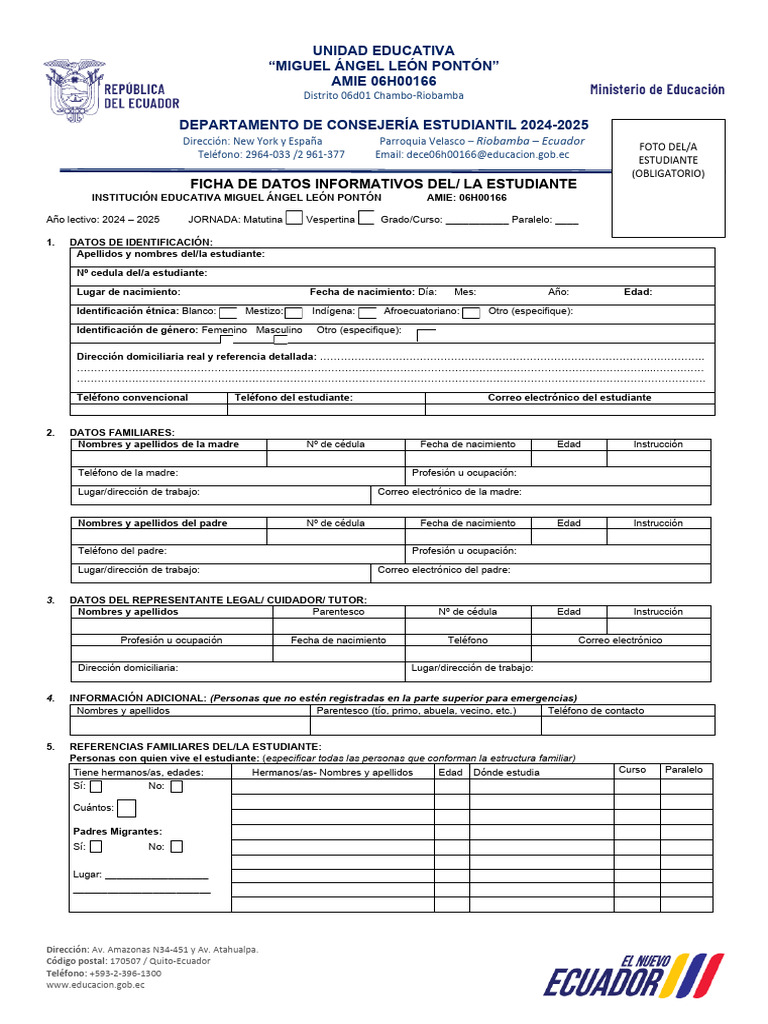 Ficha_de_datos_informativos_DECE 2024-2025 | PDF