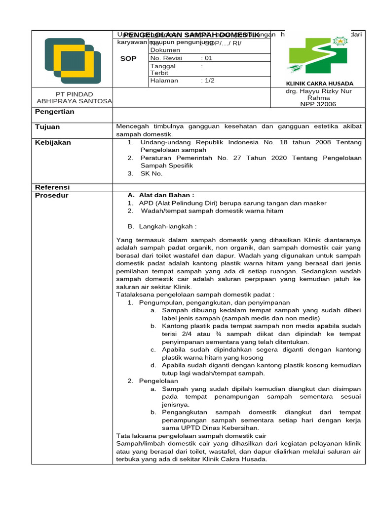 Sop Pengelolaan Sampah Domestik | PDF