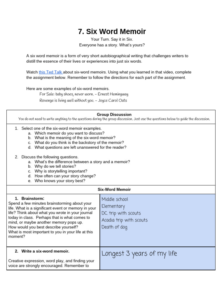 Six Word Memoir | PDF