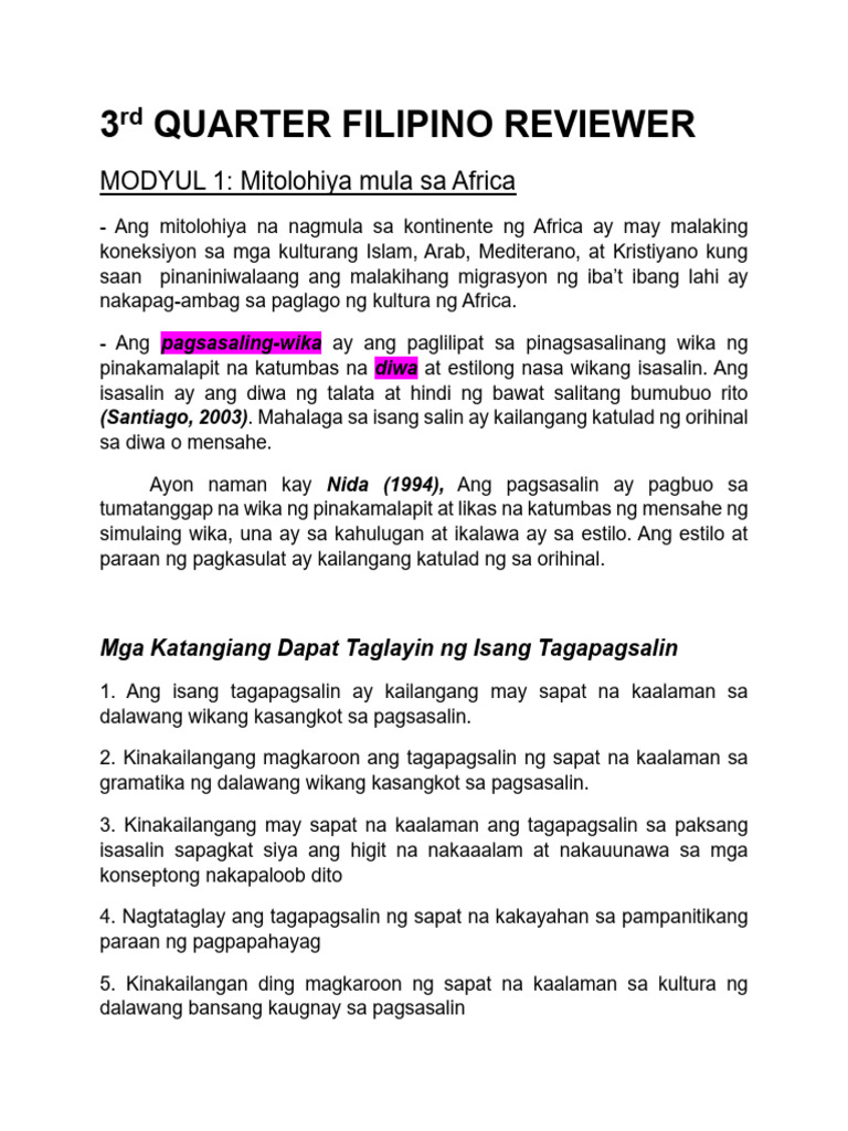 3rd QUARTER FILIPINO REVIEWER | PDF