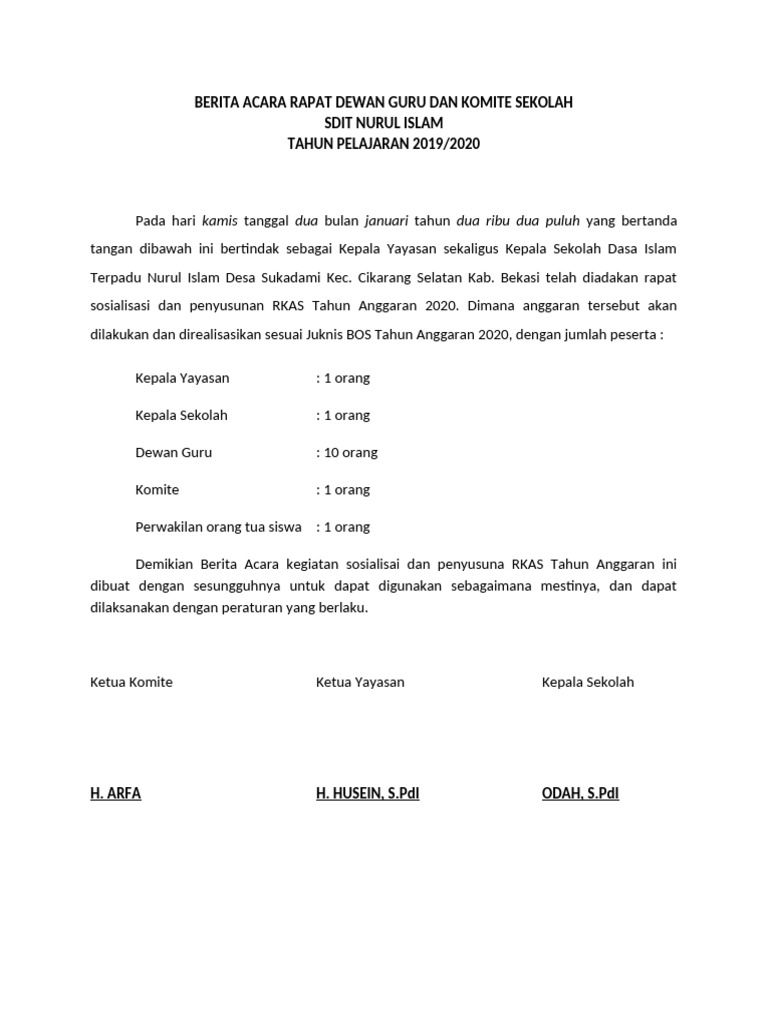 Berita Acara Rapat Dewan Guru Dan Komite Sekolah Pdf