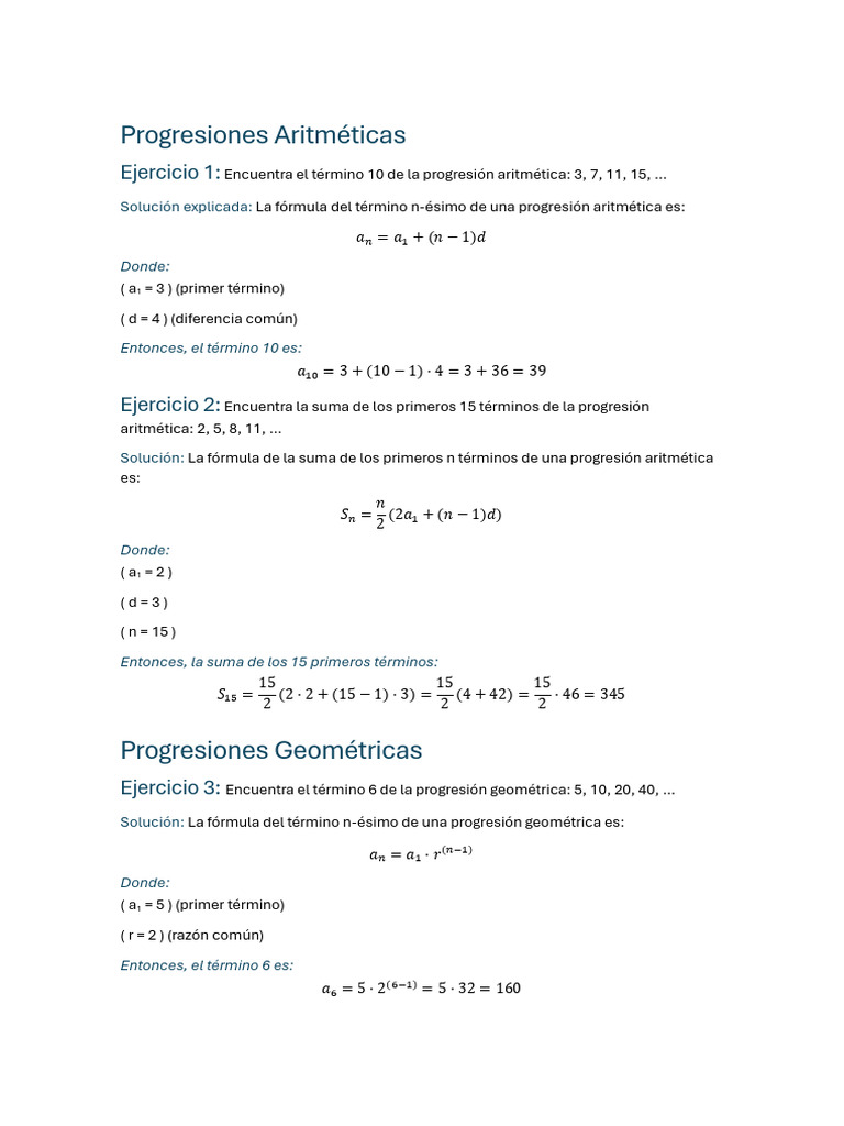 Ejercicios de Progresiones Aritméticas y Geométricas Con Soluciones ...