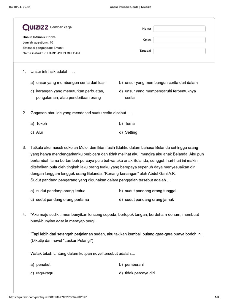 Unsur Intrinsik Cerita - Quizizz Kelas 5A | PDF