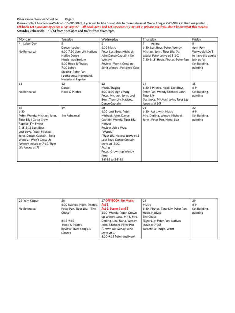 Sept Oct Nov Rehearsal Schedule PETER PAN | PDF | Lost Boys (Peter Pan ...