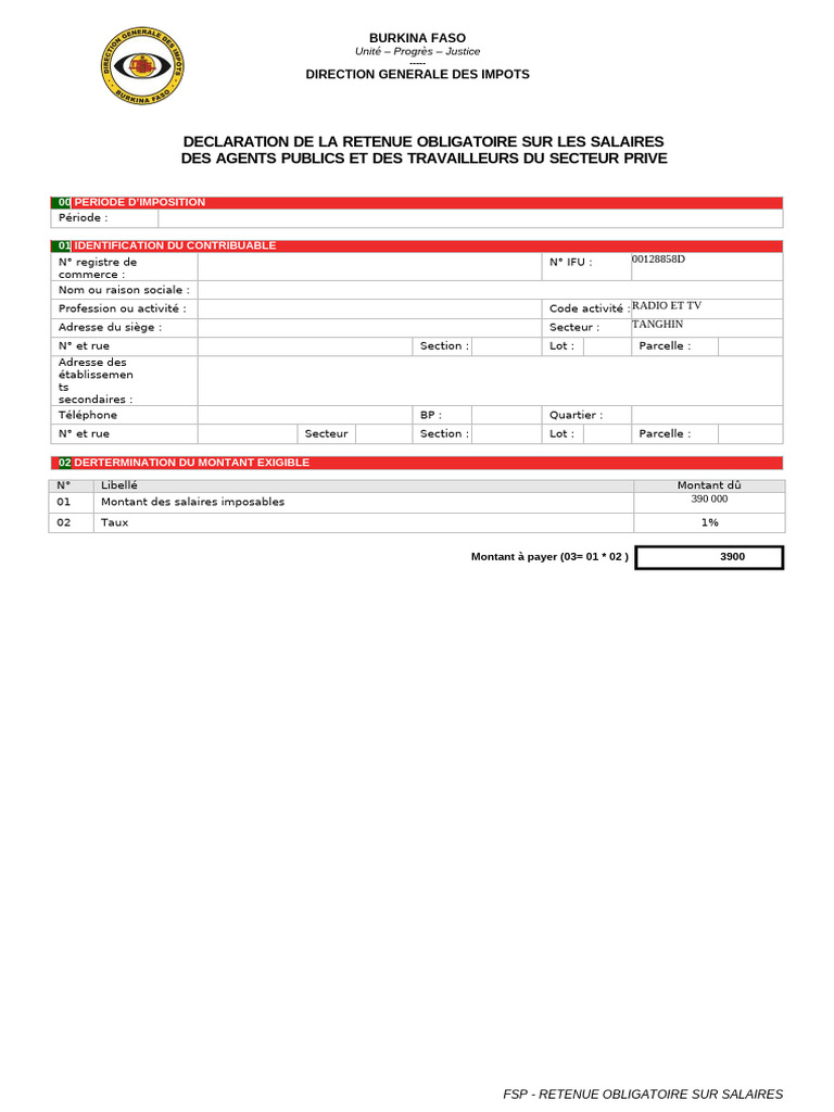 Declaration - Retenue Obligatoire Sur Les Salaires FSP | PDF