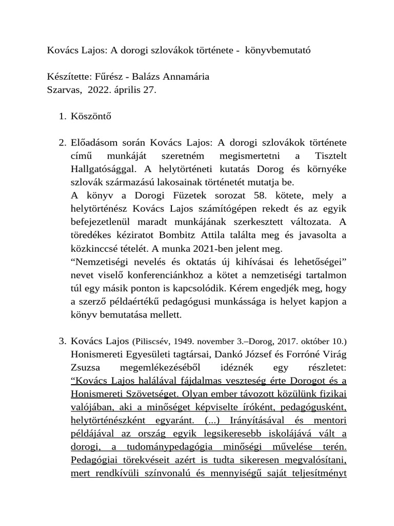 A Dorogi Szlovákok Története - Bemutató | PDF