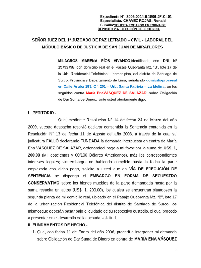 Solicita Embargo en Forma de Secuestro | PDF
