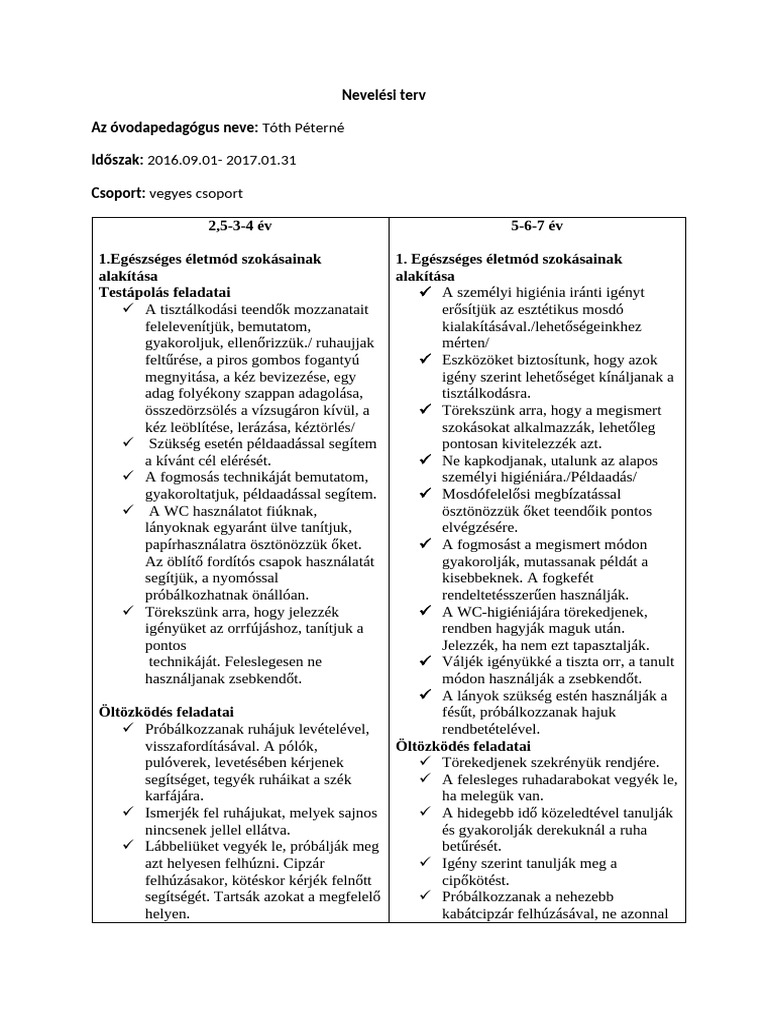 Nevelési Terv-Féléves | PDF