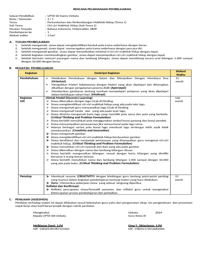 RPP Kelas 3 Tema 1 | PDF